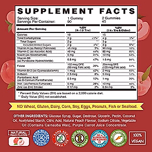 Vegan Iron Gummies Supplement - with Vitamin C, A, B-Complex, Folate, Zinc for Adults & Kids - Blood Builder & Energy Support for Iron Deficiency, Anemia, No After Taste - Peach Flavor (90 Ct)