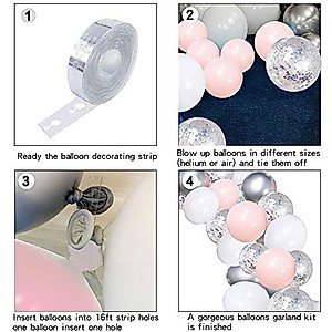 Silver Pink Balloons Garland Kit, 100pcs White and Silver Confetti Metallic Latex Balloons Arch with 16ft Tape Strip & Dot Glue for Girl Baby Shower, Birthday Party, Wedding, Anniversary Decorations