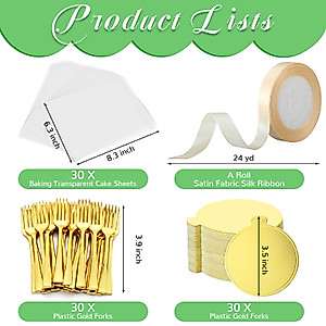 XunYee 30 Packs DIY Mini Cake Supplies with Mini Cake Boards Baking Transparent Cake Sheets Plastic Gold Forks Satin Silk Ribbon Cake Favor Sets for Dessert Display Wedding Shower