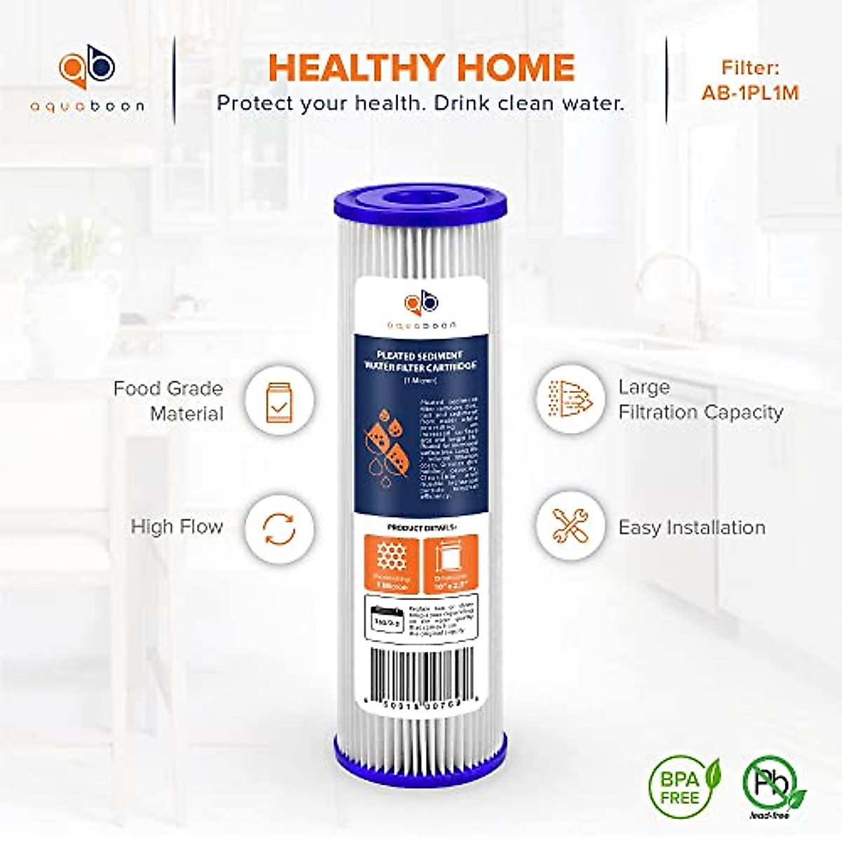 Aquaboon 1 Micron 10" x 2.5" Pleated Sediment Water Filter Cartridge | Universal Replacement for Any 10 inch RO Unit | Compatible with R50, 801-50, WFPFC3002, WB-50W, WHKF-WHPL, 4-Pack