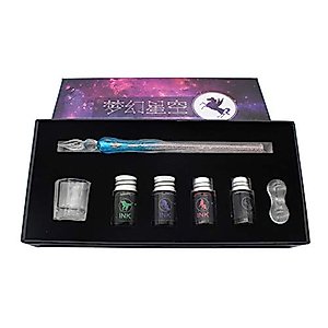 XIAOYU 7 Pieces Glass Dip Pen Set Handmade Starry Sky Calligraphy Pen and 4 Bottle Inks - Lake Blue