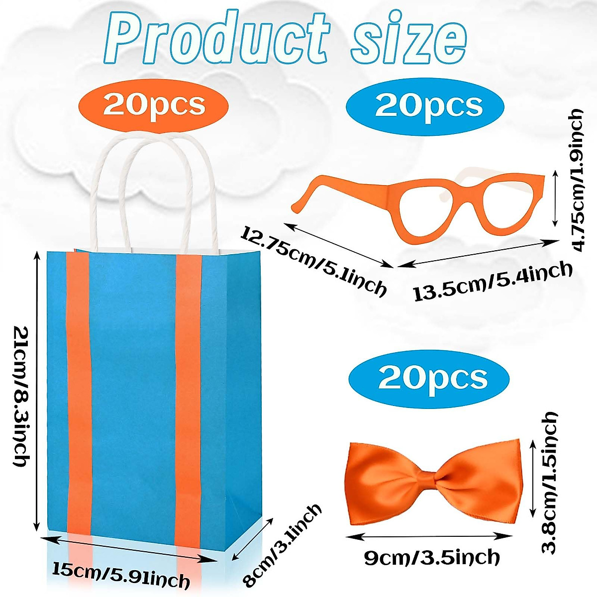 Bolsome 20Pcs Orange Blue Party Favor Bags with 20Pcs Paper Glasses and Bow Tie Blue Orange DIY Paper Gift Bags with Handles for Kids for Construction Birthday Party Baby Shower Supplies