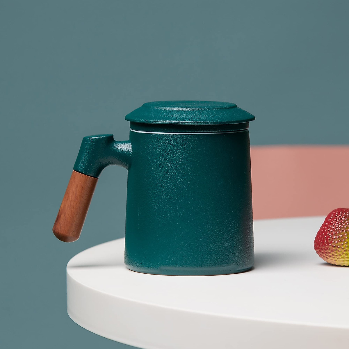 HEER Ceramic Infusion Tea Mug with Infuser and Lid for Steeping Loose Leaf Tea, Chinese Modern Wooden Handle Diffuser Coffe Tea Cup for Home Office. 13.5oz (400ml) (Green)