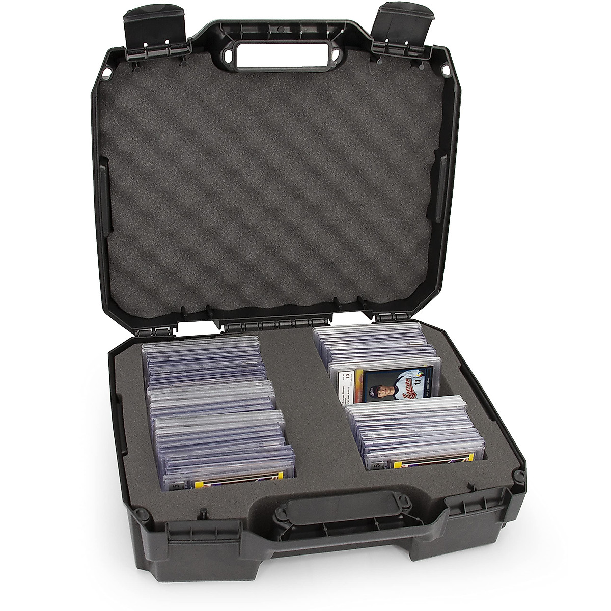 CASEMATIX Graded Card Case Compatible with 60+ BGS PSA FGS SGC Graded Sports Trading Cards, Rugged Graded Slab Card Storage Box with Custom Card Carrying Case Impact Absorbing Dual Foam Slots