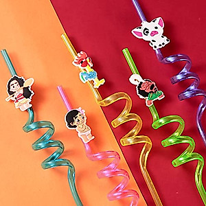 AFZMON 24 PCS Moana Drinking Straws Reusable Moana Plastic Beverages Cocktail Straw with Cartoon Decoration for Kids Moana Party Supplies for Birthday Party Favors