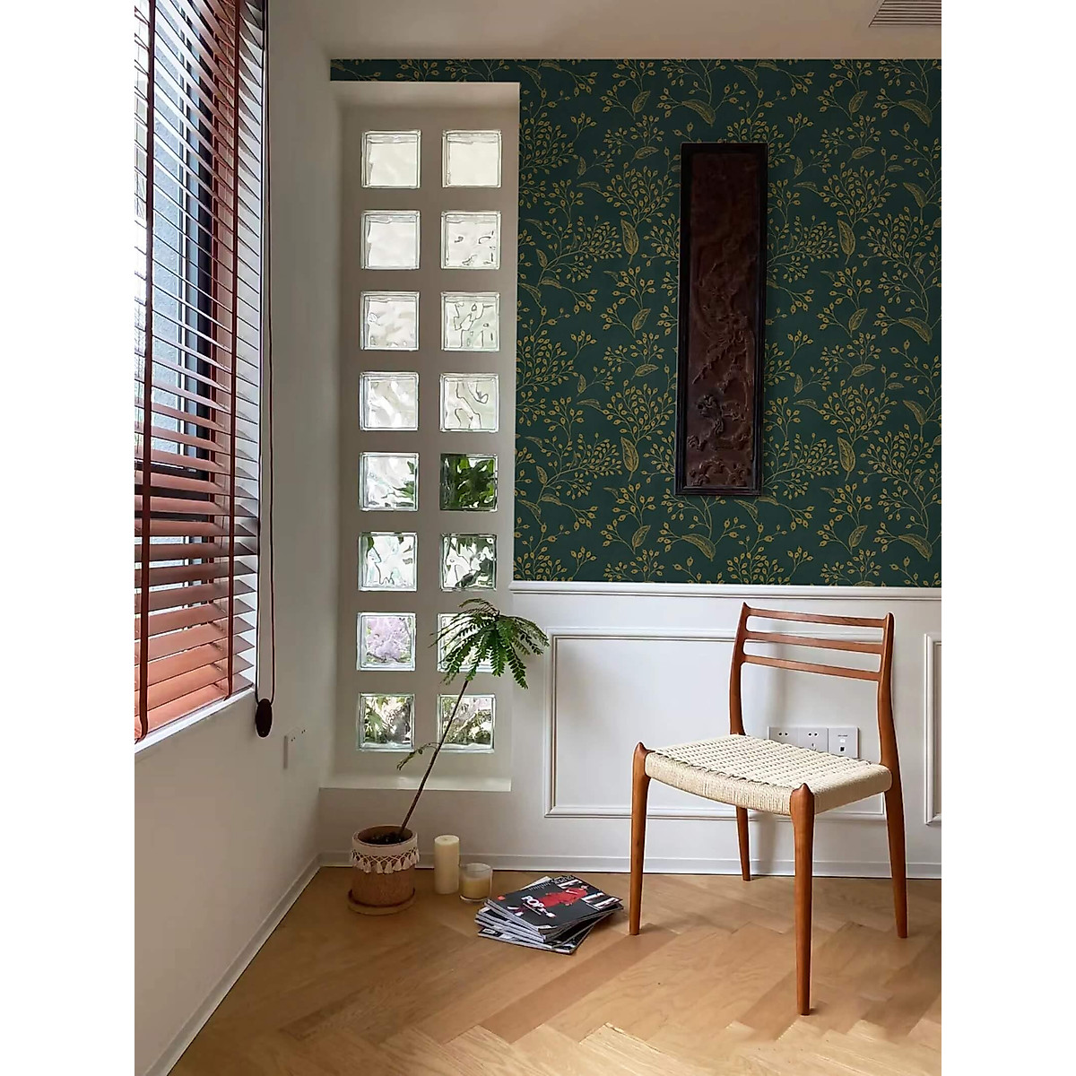 Heroad Peel and Stick Wallpaper Dark Green Contact Paper Gold Floral Wall Paper Modern Boho Removable Contact Paper for Cabinets Drawers Bedroom Self Adhesive Vinyl Papel Tapiz Para Pared 118" x 17.3"