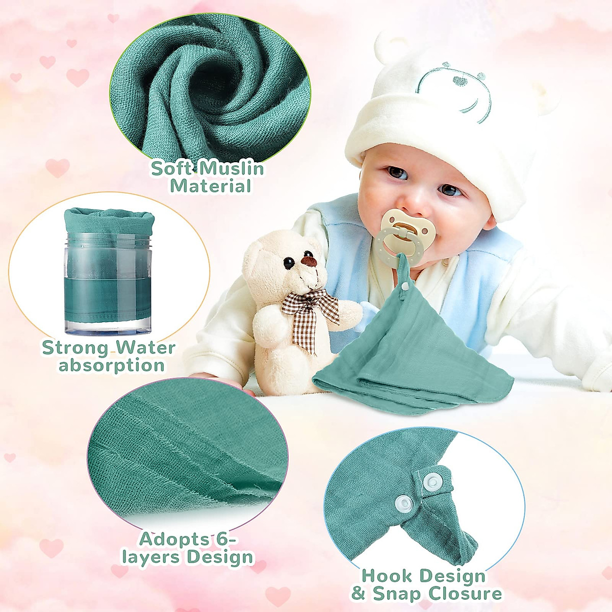 8 Pcs Organic Cotton Paci Blanket 8 Colors Muslin Mini Baby Blanket with Snap 6 Layers Security Pacifier Blanket 38 x 38 cm Blanket with Pacifier Holder Soft Breathable Lovey, Pacifier Not Included