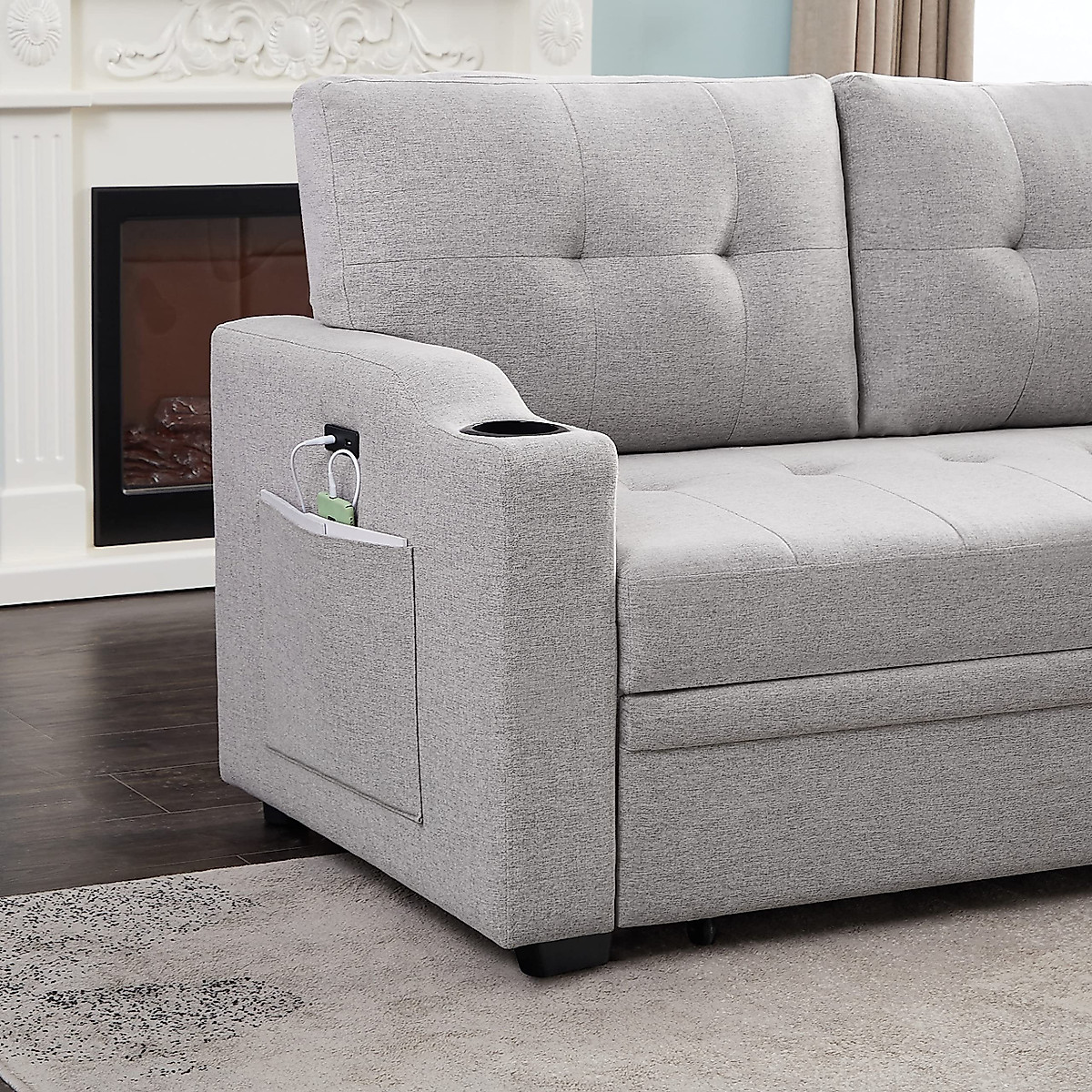 Lilola Home Mabel Light Gray Linen Fabric Sleeper Sectional with cupholder, USB Charging Port and Pocket