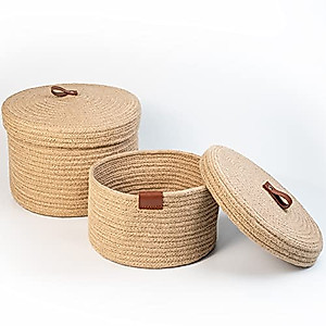 Lvfaismeg Decorative Basket With Lids,Natural Jute Rope Woven Basket With Lid Genuine Leather Handles ,Set of 2 Storage Basket With Lid ,Big Basket With Lid and Small Basket for Organizing.