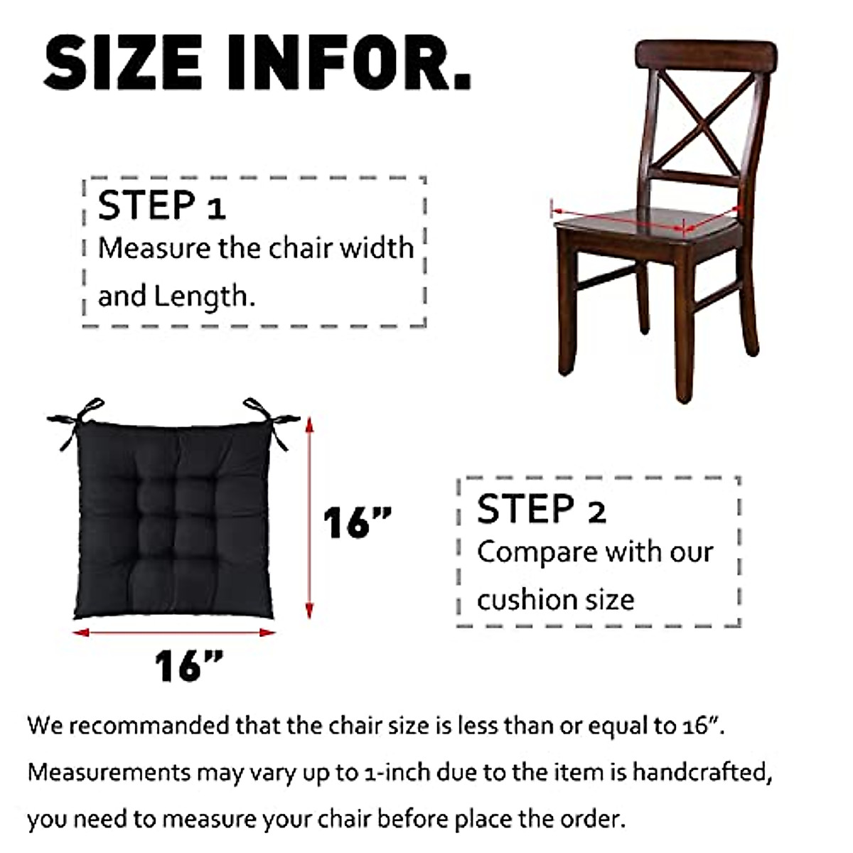 ELFJOY 4 Pack Chair Cushions for Dining Chairs 17x17 inch Seat Cushions for Kitchen Chairs Soft and Comfortable Square Chair Pads with Ties, Black