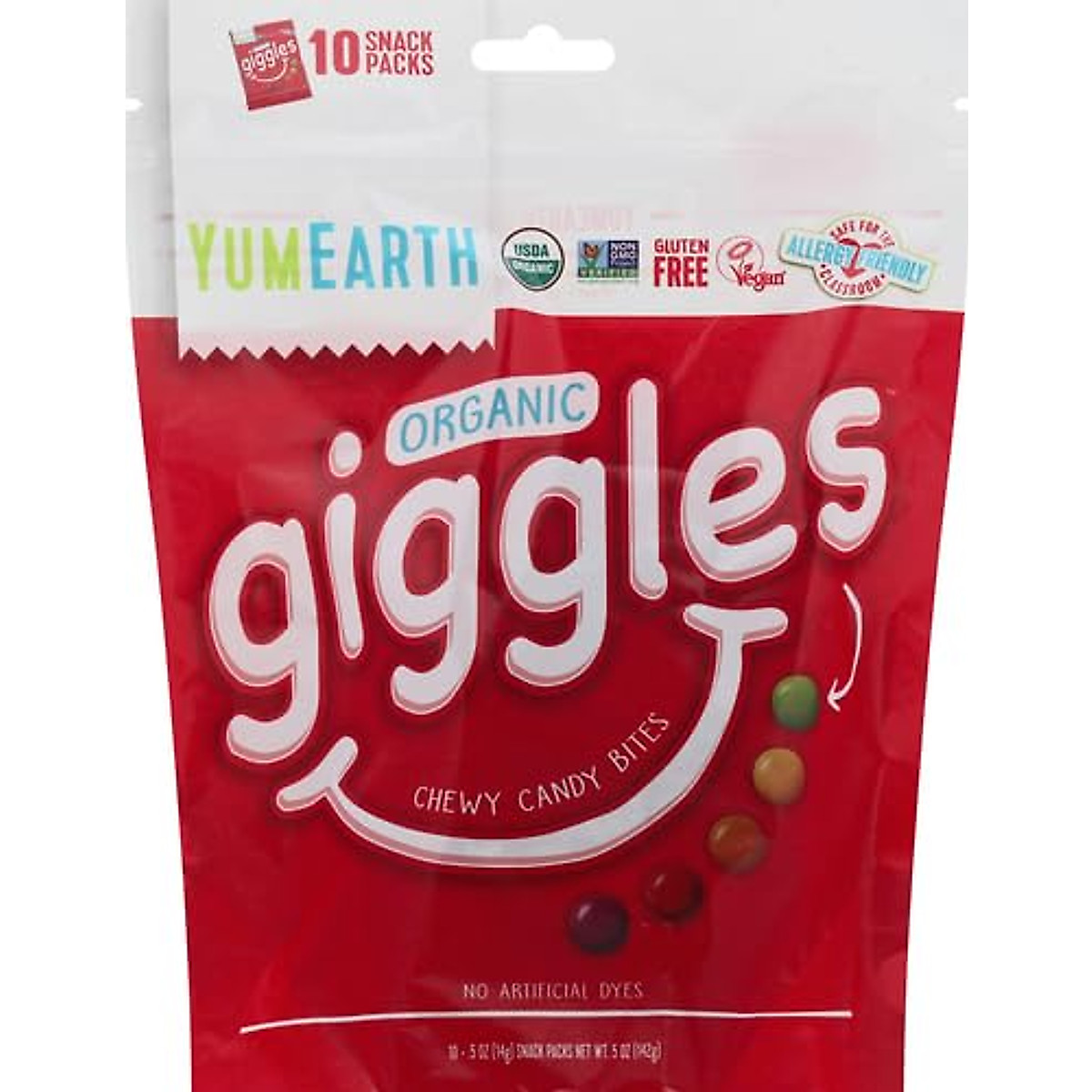YumEarth Organic Giggles Chewy Candy - Allergy Friendly (Top 9 Free), No Artificial Dyes or Flavors, Non GMO, Gluten Free, Vegan - Individually Wrapped Fruity Snack Packs - 0.5 Ounce (Pack of 10)