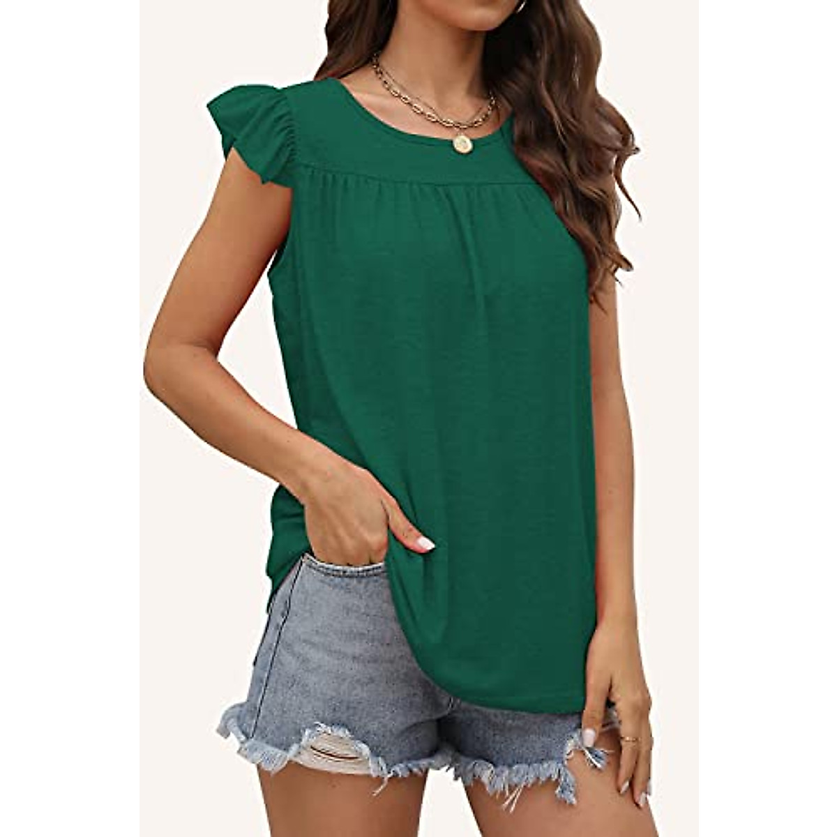 Tunic Tops to Wear with Leggings Ruffle Sleeve Summer Top for Women Cute Fashion Clothes Green L