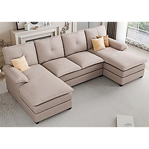 JAMFLY Sectional Couches for Living Room, U-Shaped Couch 4 Seat Sofas with Double Chaises, Modular Sectional Sofa Set for Apartment Furniture for Apartment, Dark Beige