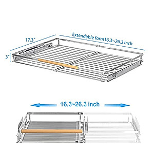 Redrubbit 2 Pack Expandable Pull Out Drawers Cabinet Shelf Organizer, Heavy Steel Metal Wire Slide Out Kitchen Pantry Organizer Storage Shelf, Adjustable Width 16.3~26.3"x17.3" D