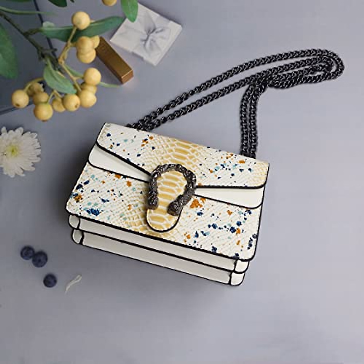 GLOD JORLEE Trendy Chain Crossbody Bags for Women - Luxury Snake-Printed Leather Shoulder Satchel Bag Evening Clutch Purse Handbags (white)