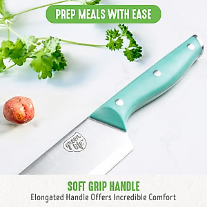 GreenLife High Carbon Stainless Steel 13 Piece Wood Knife Block Set with Chef Steak Knives and more, Comfort Grip Handles, Triple Rivet Cutlery, Turquoise