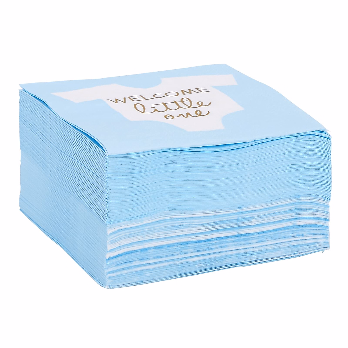 BLUE PANDA 100-Pack “Welcome Little One” Baby Shower Napkins for Boys - Gold Foil Gender Reveal Decorations - Light Blue (5x5 In) - Welcome Little One Napkins - Baby Boy Napkins