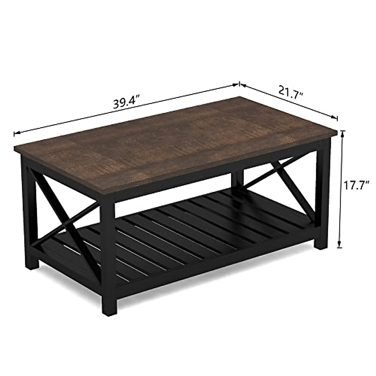 ChooChoo Coffee Table, Rustic Vintage Farmhouse Living Room Table with Shelf, 40