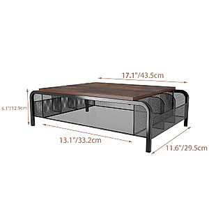 Trwcrt Metal Desk Monitor Stand Riser with Organizer Drawer, Rustic Monitor Riser for Computer, Small Printer, Laptop, Black and Brown