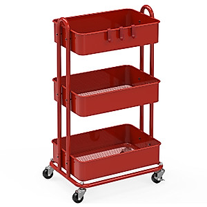 Simple Houseware Heavy Duty 3-Tier Metal Utility Rolling Cart, Red