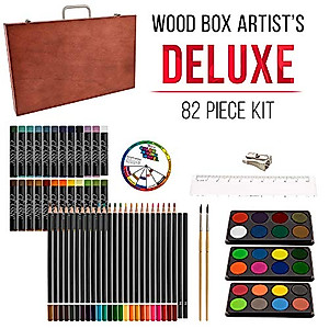 U.S. Art Supply 82-Piece Deluxe Artist Studio Creativity Set Wood Box Case - Art Painting, Sketching Drawing Set, 24 Watercolor Paint Colors, 24 Oil Pastels, 24 Colored Pencils, 2 Brushes, Starter Kit