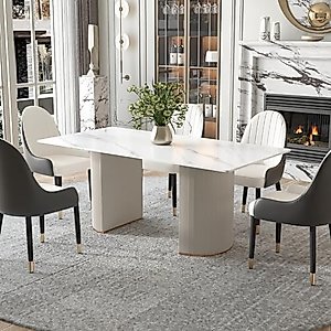LovingAHome Modern Rectangle Marble Dining Table for 8,79" White Marble Sintered Stone Dining Table with Semi-Circular Pedestal,Faux Marble Kitchen Dinner Table Wrapped in PU Leather (Table Only)
