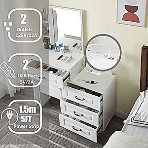 JBLCC Makeup Vanity Table with Lighted Mirror,Makeup Vanity with Power Outlet and Drawers, Storage Shelves, Vanity Desk for Woman Girls, White (5951USB)