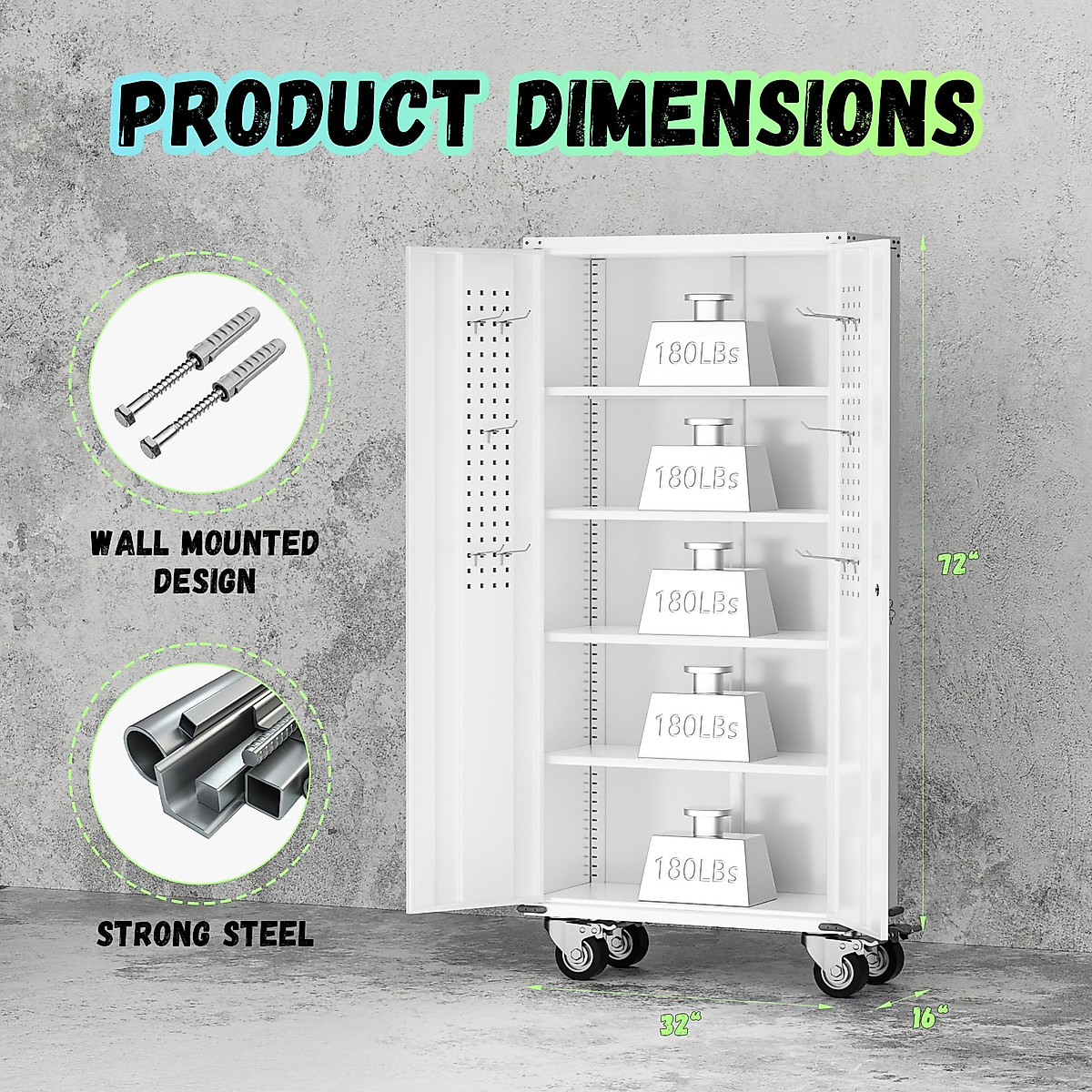 INTERGREAT 72" Metal Garage Storage Cabinet with Wheels, White Steel Locking Cabinet with 2 Adjustable Shelves and Doors, Rolling Metal Tool Cabinet for Home, Office, School, Garage
