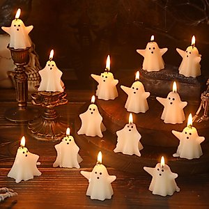 MTLEE 24 Pcs Halloween Ghost Candles White Tea Lights Candles Unscented White Horror Spooky Tea Lights Candles Set Soy Wax Decorative Tabletop Candle for Halloween Party Home Bedroom Decoration