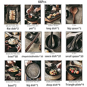 GagalU Plate Set –Kitchen Tableware Set,Ceramics Dinnerware Sets, Plates and Bowls Sets | 66 Pcs Kiln Change Dishes Set - Black Dinner Plates/Steak and Plate