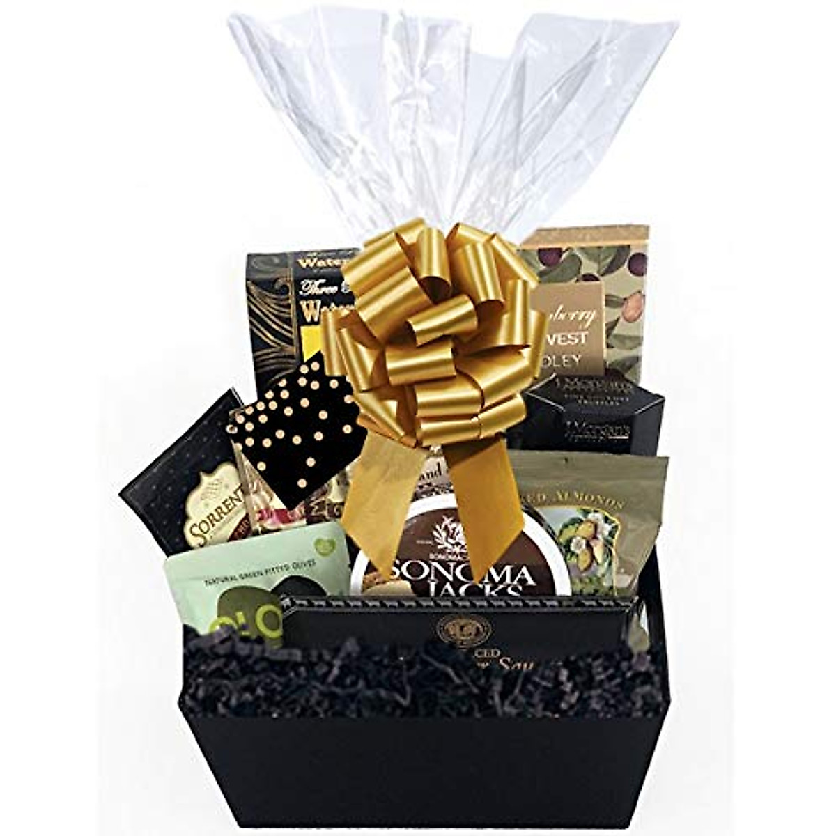 Gift Basket Making Kit and Supplies - Do It Yourself Diy Build Your Own Gift Basket Matching Supplies Market Tray Basket Cellophane Bag Shredded Crinkle Paper Ribbon Pull Bow (BLACK AND GOLD, X-LARGE)