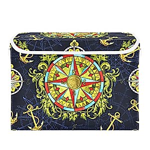 innewgogo Nautical Compass Anchor Storage Bins with Lids for Organizing Organizer Basket with Lid with Handles Oxford Cloth Storage Cube Box for Cat Toys
