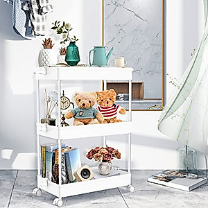 SPACEKEEPER Storage Cart 3 Tier Bathroom Storage Organizers, Rolling Utility Cart with Wheels Slide Out Storage Shelves Mobile Shelving Unit Organizer for Office, Bedroom, Laundry Room, White, 2 Pack