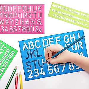 Bewudy 4 Pieces Letter Stencils Set, Plastic Alphabet Stencil Letters Number Stencils Ruler Guide Lines for Drawing Stencil Painting Learning DIY 4 Colours with 4 Size