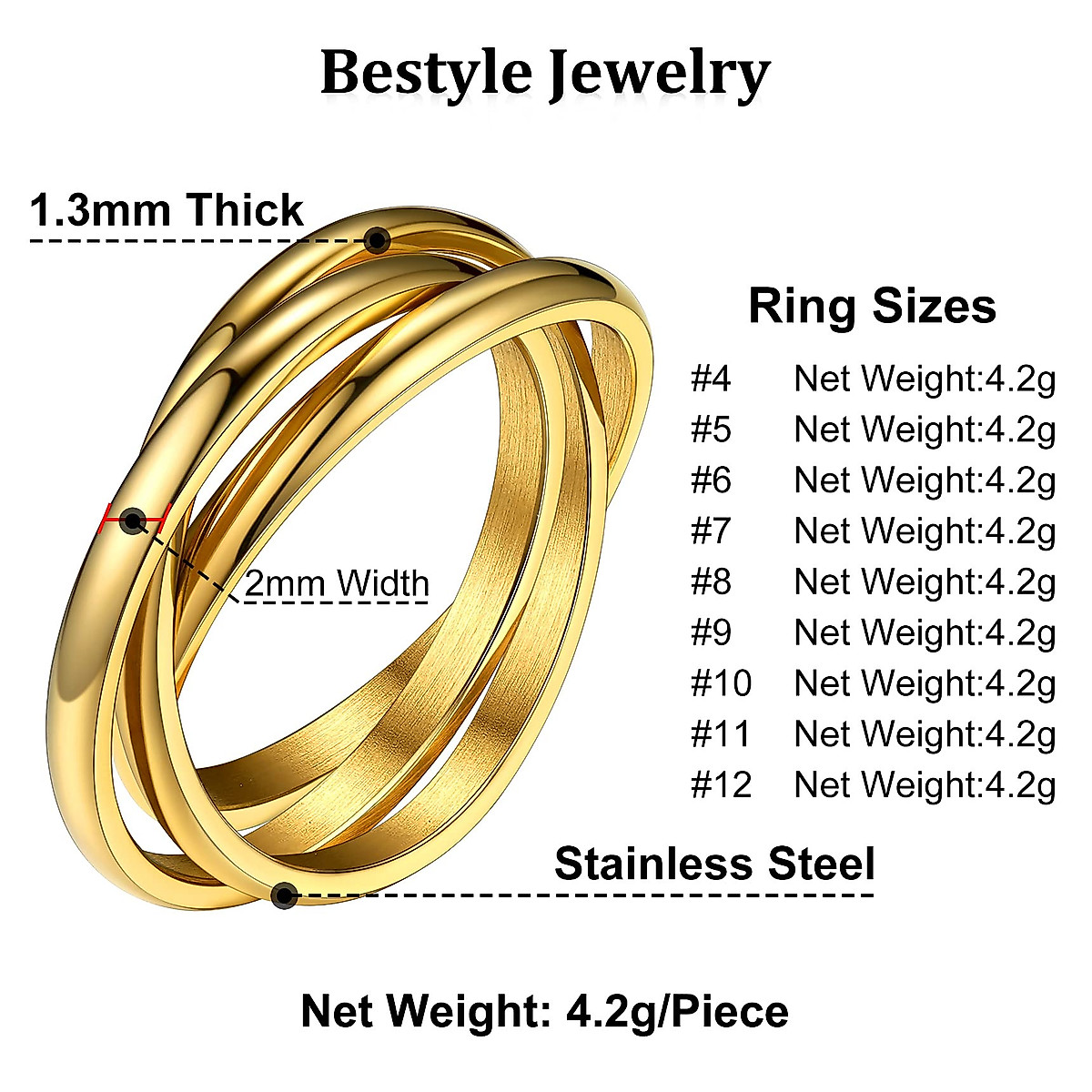 Bestyle Interlocking Rolling Gold Band Rings for Women, Trendy High Polished 18K Gold Plated Stainless Steel Dome Cross Rings, Yellow Gold Rolling Fidget Rings for Anxiety Release, Size 8