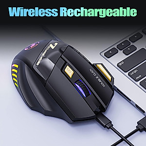 VEGCOO Wireless Gaming Mouse, Rechargeable Silent Wireless Mouse with 4800 DPI Adjustable,Double Click Key, Colorful RGB Lights, Computer Mice with Thumb Rest for PC/Mac Gamer (C26 Black)