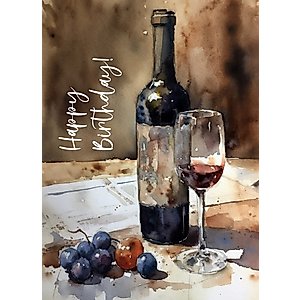 PIXILUV HAPPY BIRTHDAY Greeting card ~ Gorgeous Wine Glass and Bottle Watercolour ~ Birthday Wishes Greetings Vintage Large Card