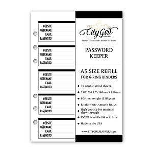 A5 Password Keeper Planner Insert Refill, 5.83″ x 8.27″, Fits 6-Rings Binders - Filofax, LV GM, Moterm, Choice of Quantity