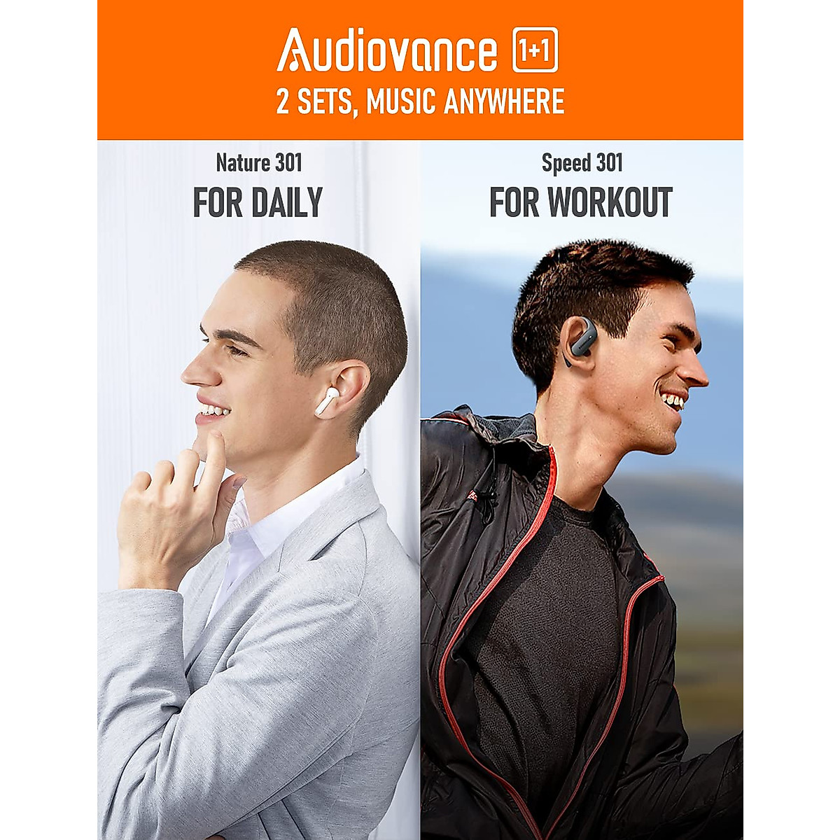 Audiovance 2 Sets Wireless Earbuds Bluetooth Headphones Ideal Gifts, Nature 301 & Speed 301, 2 Sets Wireless Ear Buds for iPhone & Android (SPNT 301)