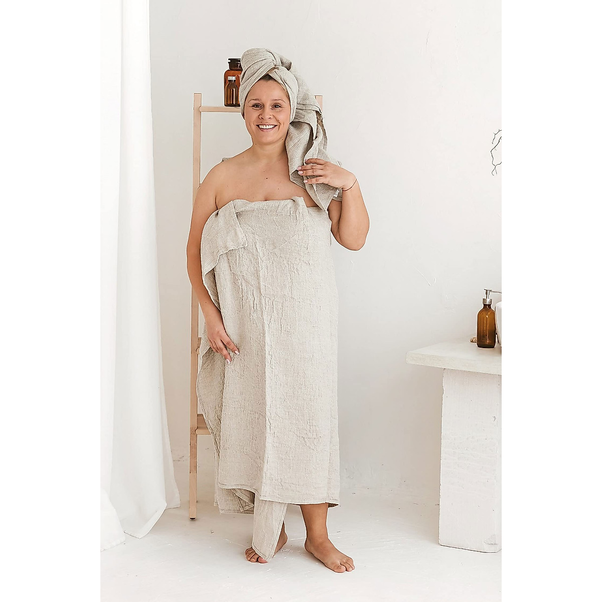 Pure 100% Linen Bath Towel - Stone-Washed 30 x 60 inch Soft Lightweight Travel Towel - Waffle Weave Quick Dry Hair Towel - Natural Flax Thin Towels for Bathroom Gym or Sauna - Sustainable Bath Sheet