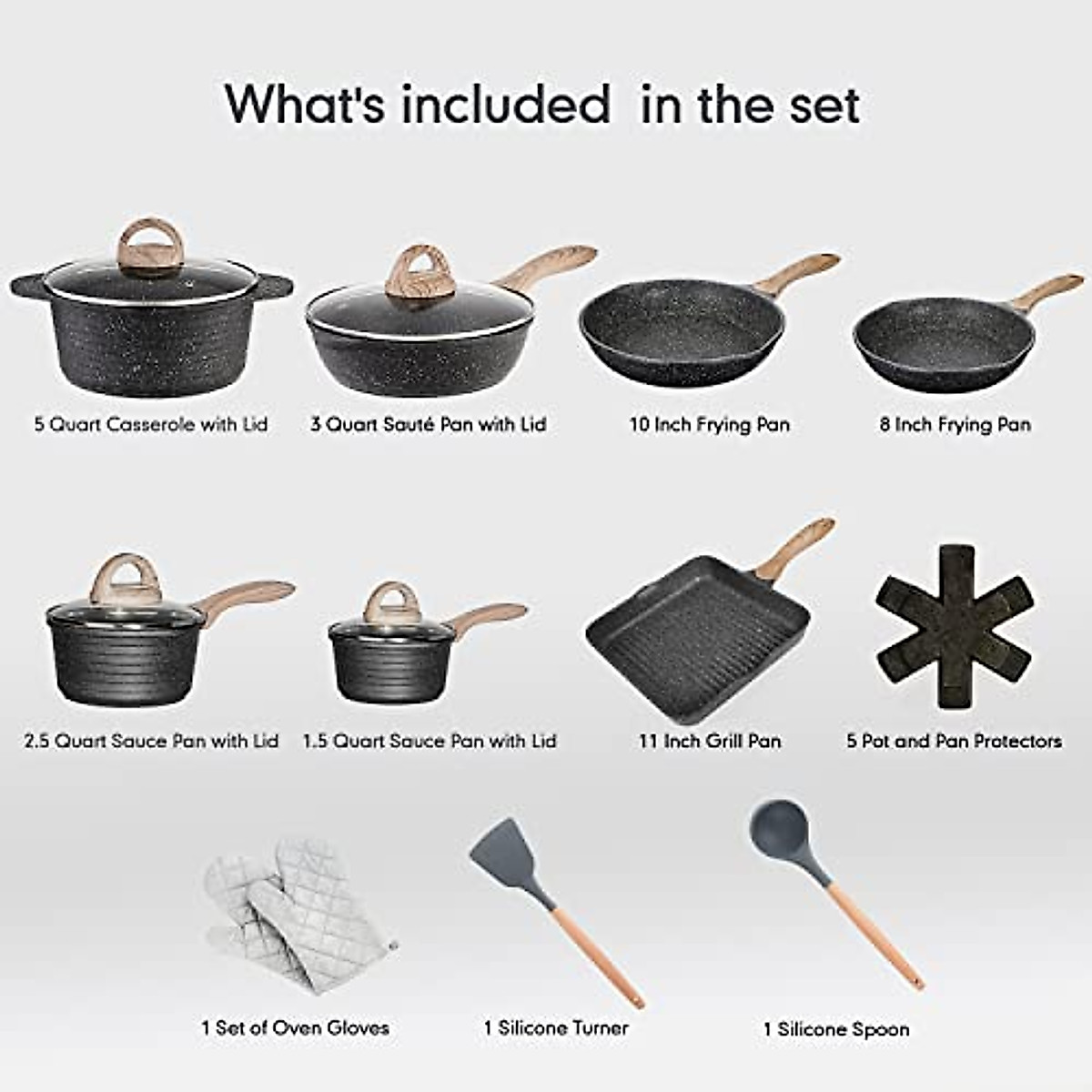 JEETEE Pots and Pans Set Nonstick 20PCS, Granite Coating Cookware Sets Induction Compatible with Frying Pan, Saucepan, Sauté Pan, Grill Pan, Cooking Pots, PFOA Free, (Grey, 20pcs Cookware Set)