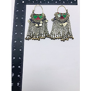 Red and Green Oversized Bells Chaandbaliyaan, Massive Kuchi Boho Earrings With Long Bells, Traditional Afghani Earrings, Vintage Jewelry