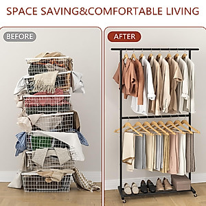 Sywhitta Double Rod Clothing Garment Rack, Rolling Coat Hanger with Bottom Mesh, Clothing Rack for Hanging Clothes, Coats, Skirts, Sweaters, Black