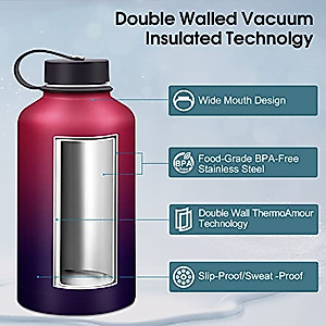 Butifoc Insulated Water Bottle, 64 oz Water Bottles with Straw & 3 Lids, Large Half Gallon Vacuum Metal Stainless Steel Travel Flask Keep Cold & Hot, Reusable Leak Proof Water Jug for Sports, Gym