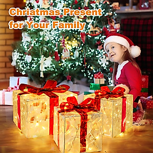 Large Christmas Lighted Present Boxes Decorations, Plug-In Transparent Warm White 76 LED Light Up Gift Boxes Outdoor Indoor for Christmas Tree Yard Home Lawn Holiday Outside Xmas Decor Set of 3