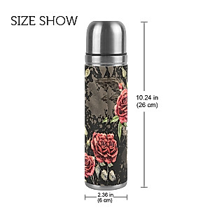 ALAZA Gothic Sugar Skull with Rose Vacuum Flask 17 oz, Double Layer Stainless Steel Vacuum Insulated PU Leather Travel Mug Kettle Bottle Cup
