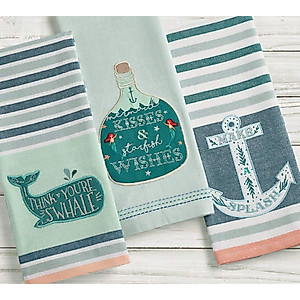Design Imports DII Deep Sea Beach Inspired Embellished Dish Towels - Set of 3 - Mermaid Kisses - I Think You're Swhale - Make a Splash