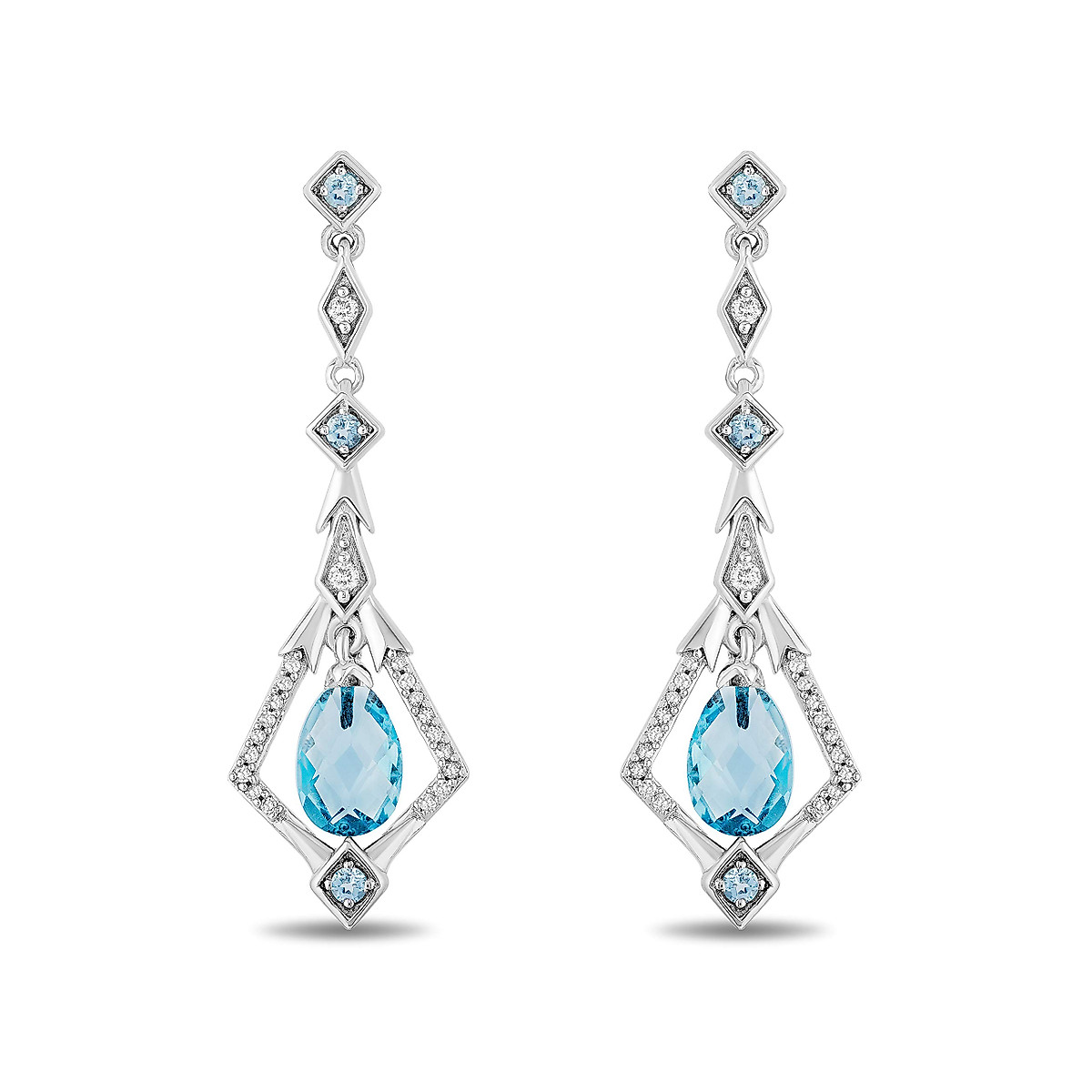 Jewelili Enchanted Disney Fine Jewelry Sterling Silver with 1/8 CTTW Diamonds and Swiss Blue Topaz Elsa Dangling Earrings