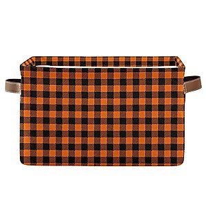 Halloween Thanksgiving Black Orange Plaid Large Storage Basket Cube Storage Bin Canvas Fabric Organizer Handles Collapsible Decorative for Clothes Toys Bedroom