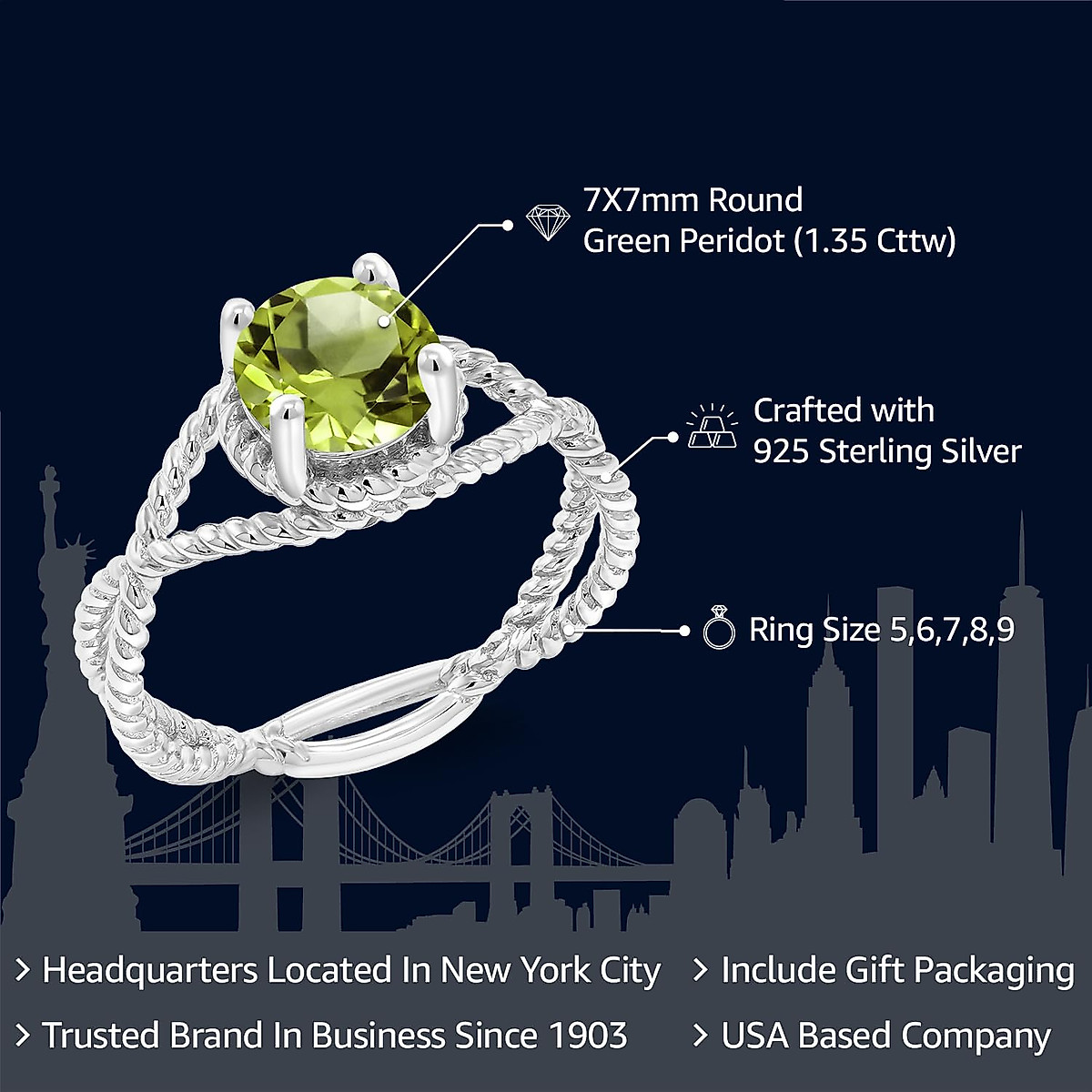 Gem Stone King 925 Sterling Silver Green Peridot Women Solitaire Ring For Women (1.35 Cttw, Round 7MM, Gemstone Birthstone, Available in size 5, 6, 7, 8, 9)